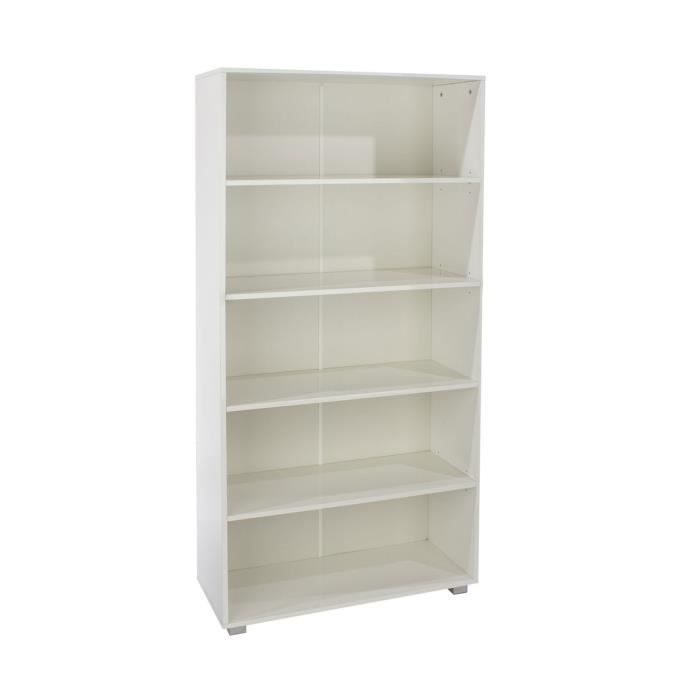 Bibliothèque 5 niveaux blanc brillant - WILLIAN - Profondeur modeste - Design classique ...