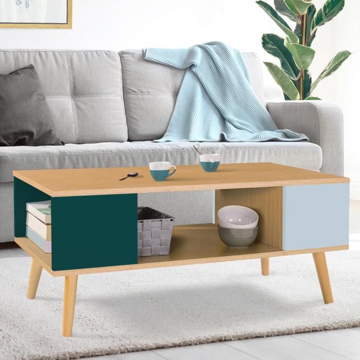 IDMARKET Table basse scandinave rectangulaire ALIZE bois, vert clair et ...