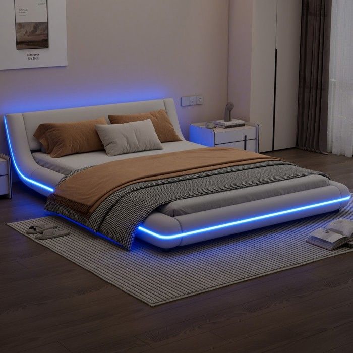 Lit Double Lit plat 140x200 cm lit de sol PU blanc éclairage LED ...