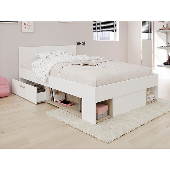 Lit 120 x 190/200 cm avec rangements - Blanc et naturel - KINSELIA - Cdiscount Maison