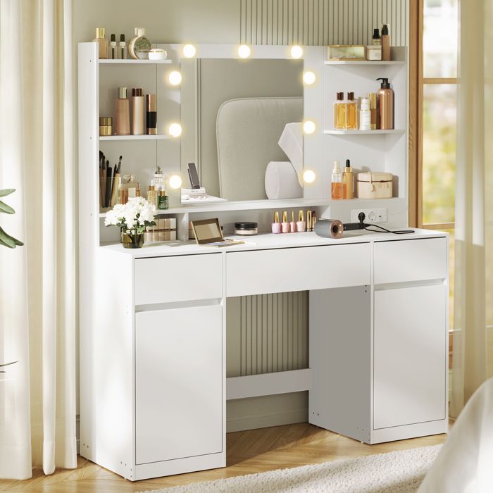 Coiffeuse avec miroir LED - VASAGLE - Éclairage 3 couleurs - 9 ampoules ...