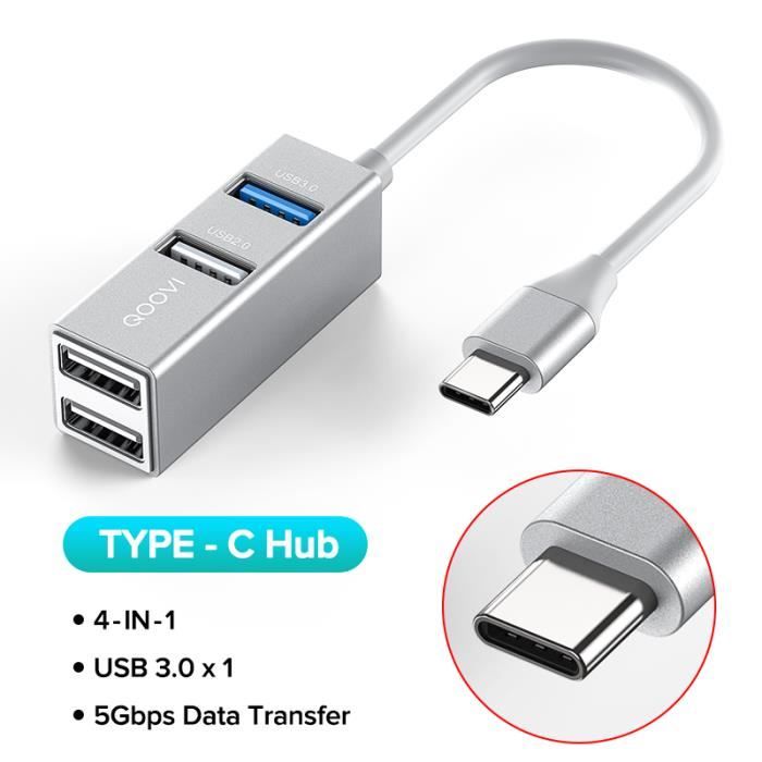 Prise USB C Argent-Qwing VI-Répartiteur USB Type C vers USB 3.0, 4 Ports, Adaptateur USB C, S6 ...