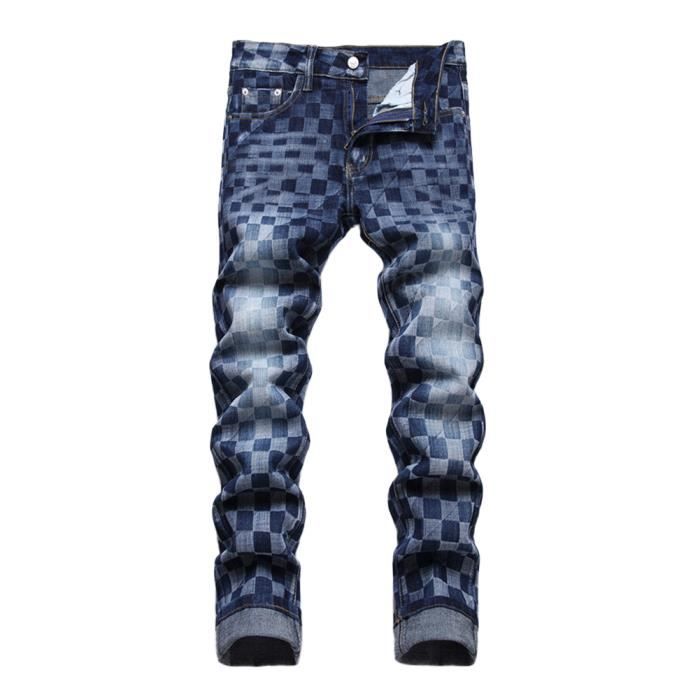 Jeans Denim Homme Déchiré Casual Jeans à Trou Vintage Carreaux en Coton ...