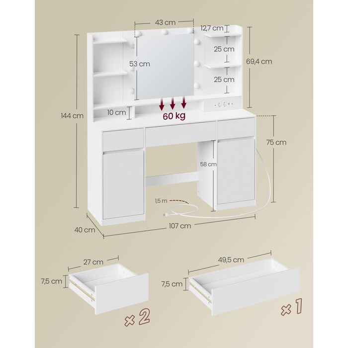 Coiffeuse avec miroir LED - VASAGLE - Éclairage 3 couleurs - 9 ampoules ...