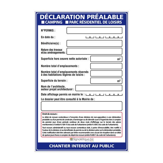 Panneau déclaration préalable camping et parc résidentiel + marqueur ...