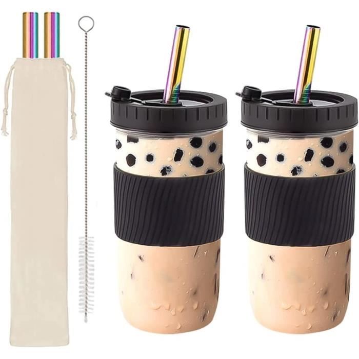 Verre Bubble Tea, Lot de 2 Verre Bubble Tea avec Paille et Couvercle ...