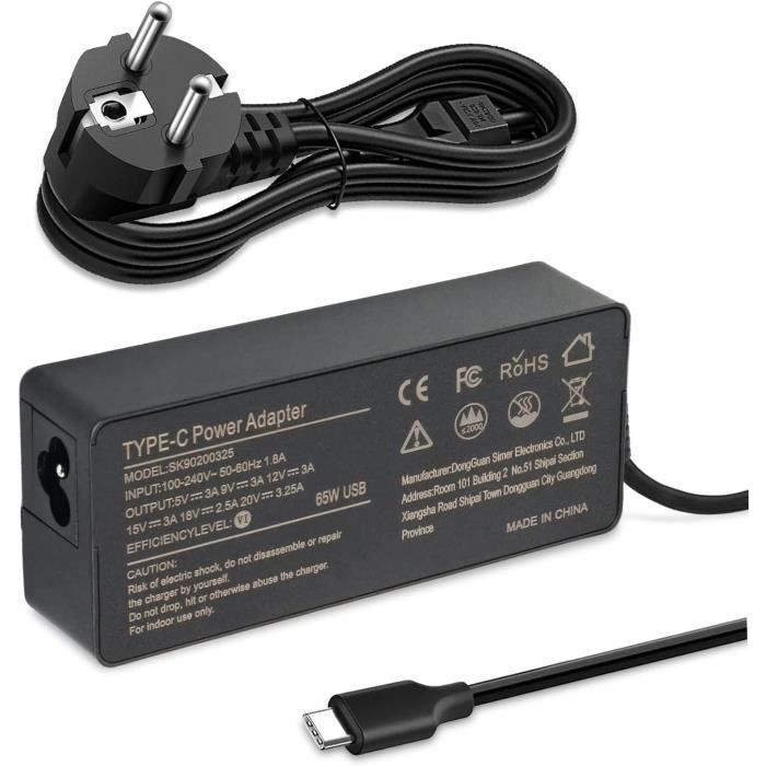 Chargeur 65W USB Type C Adaptateur 20V 3.25A Ordinateur Portable pour Ideapad Yoga 2-11-11s-13-2 ...