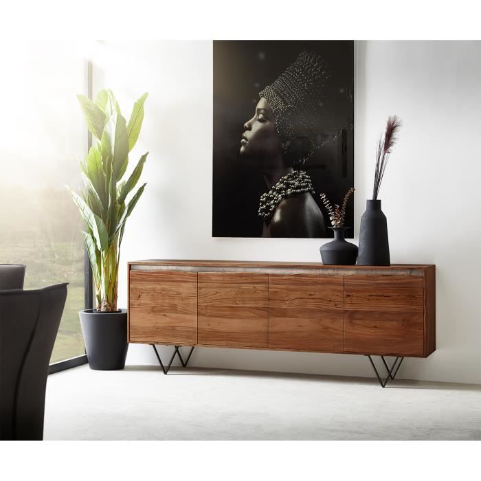 Commode Stonegrace acacia marron bord d'arbre 200 cm 4 portes pied en V ...