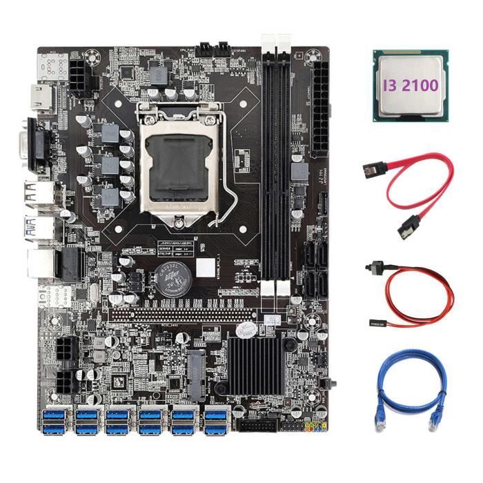 Carte MèRe B75 ETH Mineur 12 PCIE Vers USB3.0 + I3 2100 CPU + Câble RéSeau RJ45 + Câble SATA ...