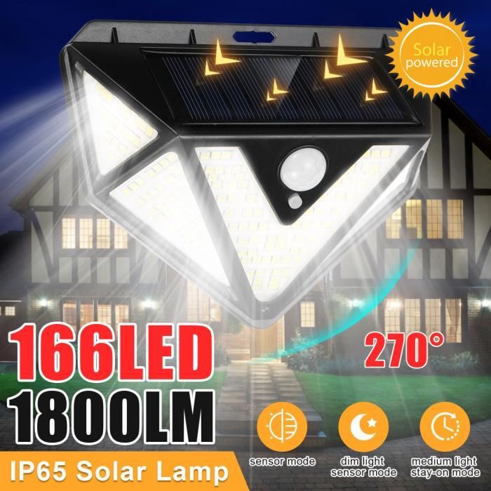 166 LED 1800mAh Lampe Solaire Applique Murale Avec Detecteur IP65 Étanche 270 Degrés Pour Jardin ...