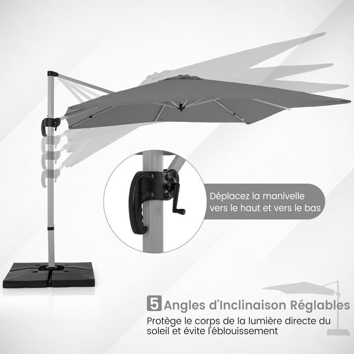 Parasol de Jardin 3x3M - GOPLUS - Parasol Déporté Carré Inclinable à 5 ...