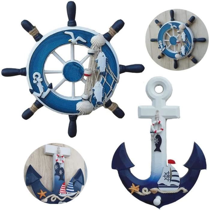 23cm Roue de Bateau en Bois et 28cm Ancre en Bois Décoration Murale Nautique,Style Méditerranéen ...