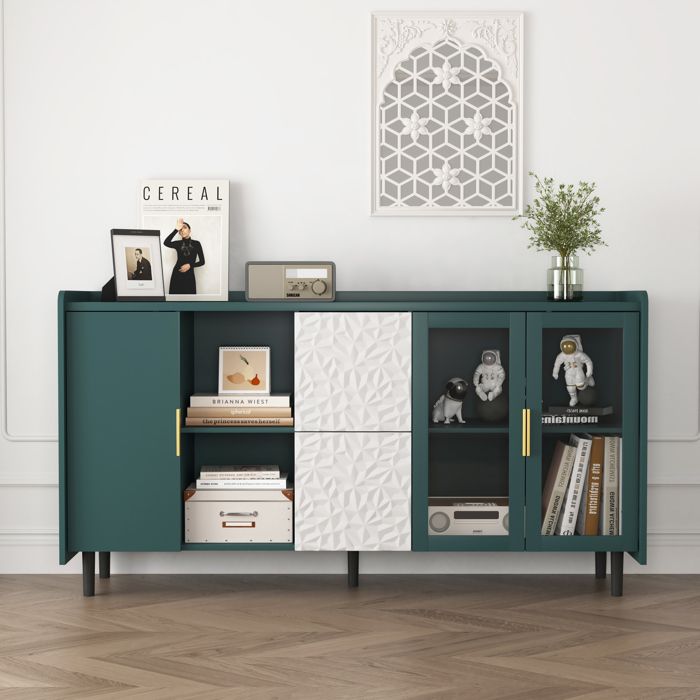 Buffet - Meuble de Rangement 2 Tiroirs et 2 Portes Vitrées, Buffet ...