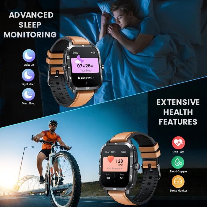 Montre Connectée Homme Sport Smartwatch: Marron Montre Intelligente ...