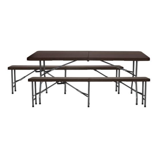 Table pliante avec 2 bancs 180cm Effet Rotin Traiteur 7house. Marron ...