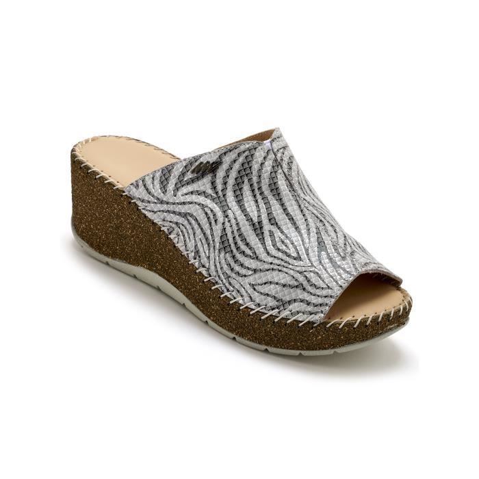 Mules en cuir à aérosemelle, talon 6cm - Gris - Grande largeur Gris ...