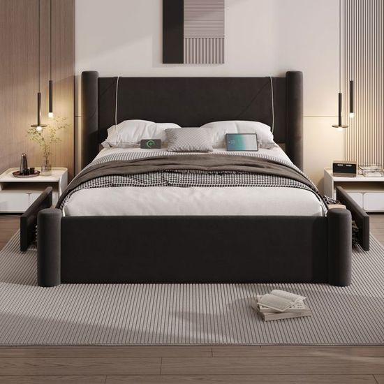 Lit Double Lit 160x200 cm design moderne, colonne 3D, tête rembourrée ...