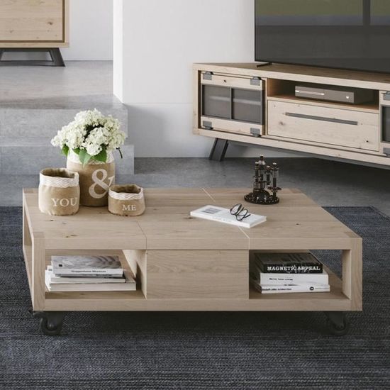 Table basse à roulette en chêne naturel CACI Beige L 115 x P 70 x H 35 ...