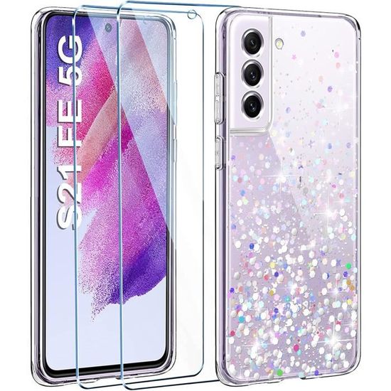 Paillette Coque Samsung S21 FE 5G (Pas S21) TPU Silicone Glitter Transparente Case avec 2 Verres ...