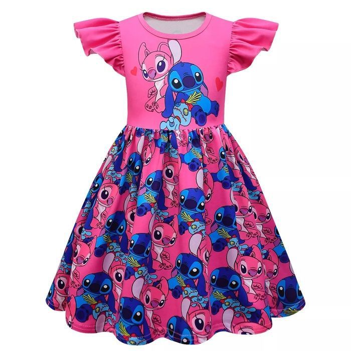 Robe plissée Lilo Stitch Cartoon Kids Costume pour fille Rose Red ...