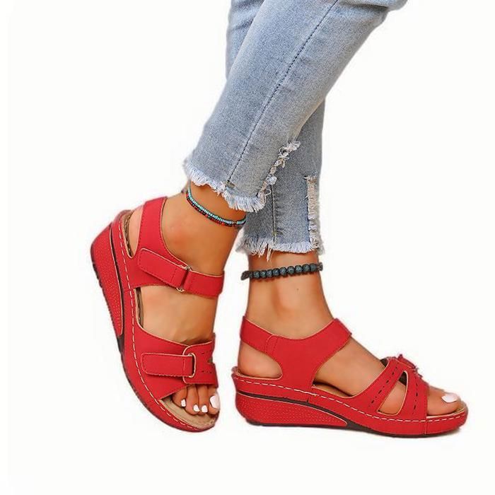 Sandales Femme - Compensé - Rouge - Boucle de Serrage - Chaussures de ...