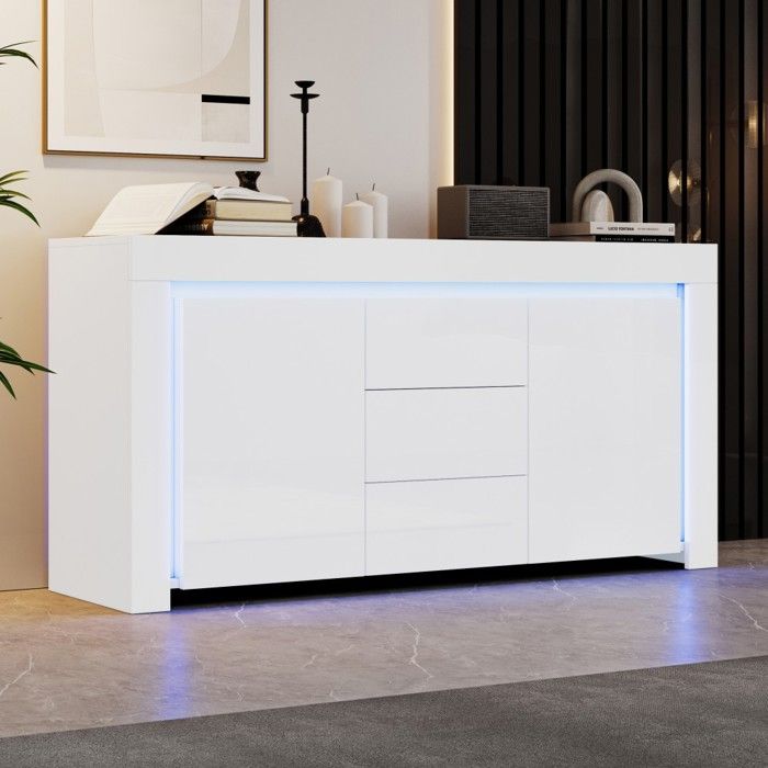 Buffet Bahut blanc brillant 140 cm, 3 tiroirs 2 portes avec bande LED ...