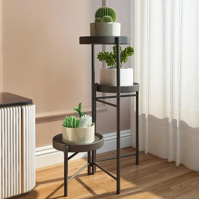 Noir Porte-fleurs Porte-plante à 3 couches pliable réglable Support à ...
