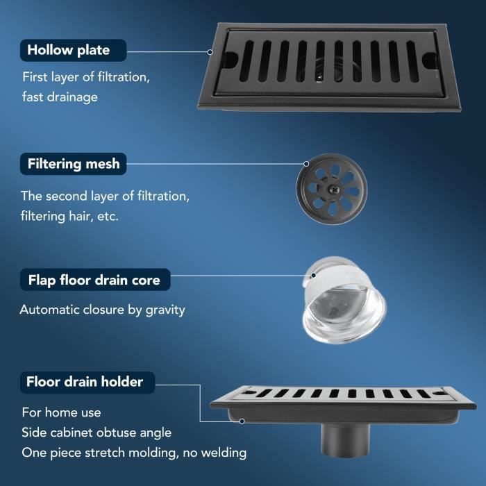 Drain de sol rectangulaire en acier inoxydable VBESTLIFE avec grille de ...