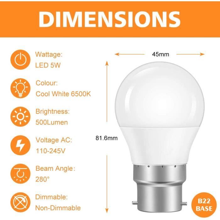Ampoule LED à Baïonnette, Ampoules G45 Type Globe avec B22 Standard Culot, 500LM Économie D ...