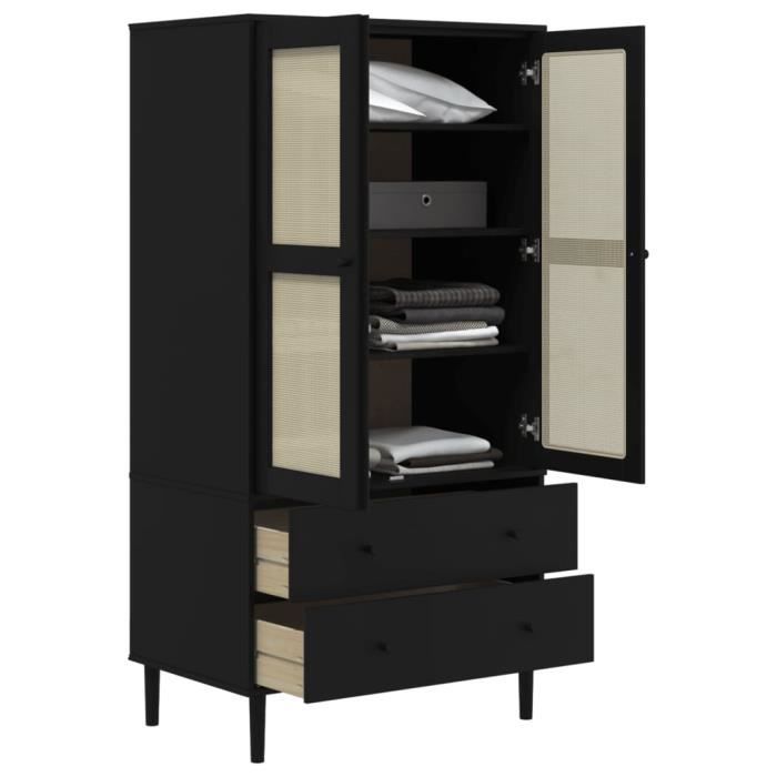 YAJ-Garde-robe SENJA aspect rotin noir 90x55x175 cm bois massif pin ...