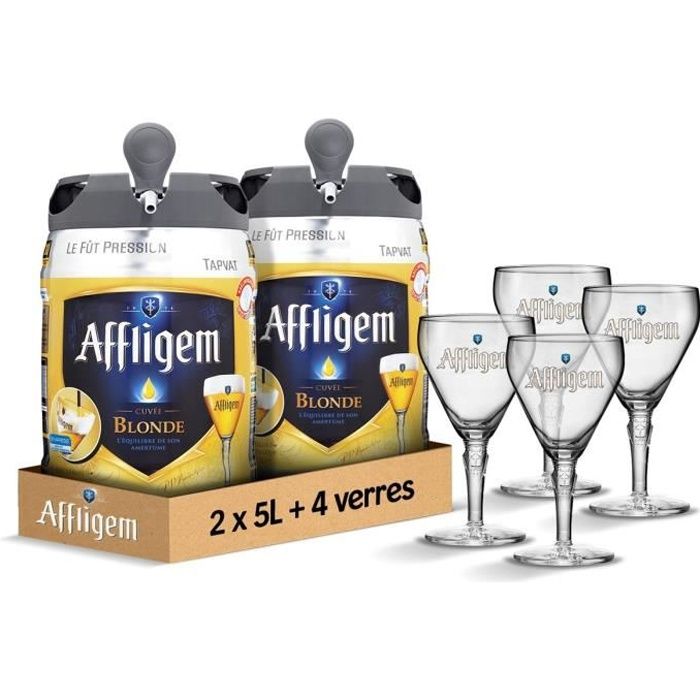 Affligem Blonde bière d'Abbaye 2 fûts de 5L 6.7° + 4 verres - La cave Cdiscount