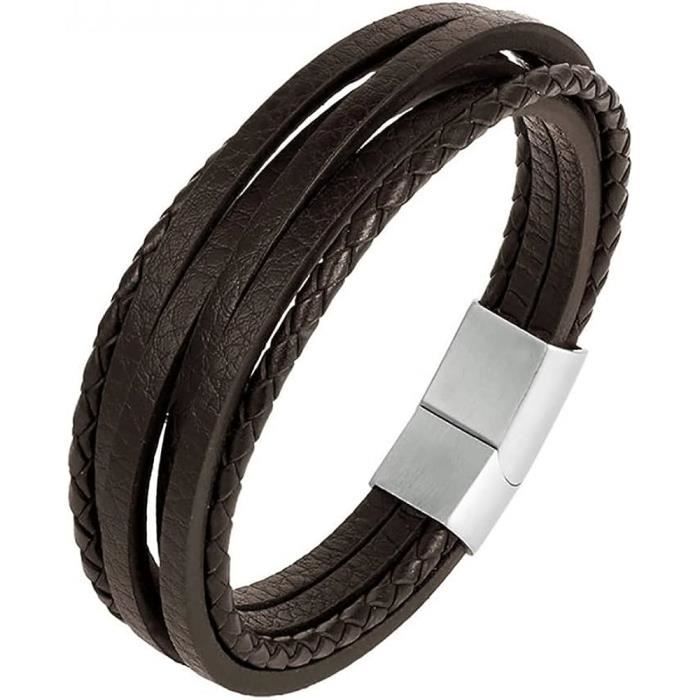 Bracelet Homme Cuir Véritable Noir Ou Marron Acier Inoxydable Multi ...