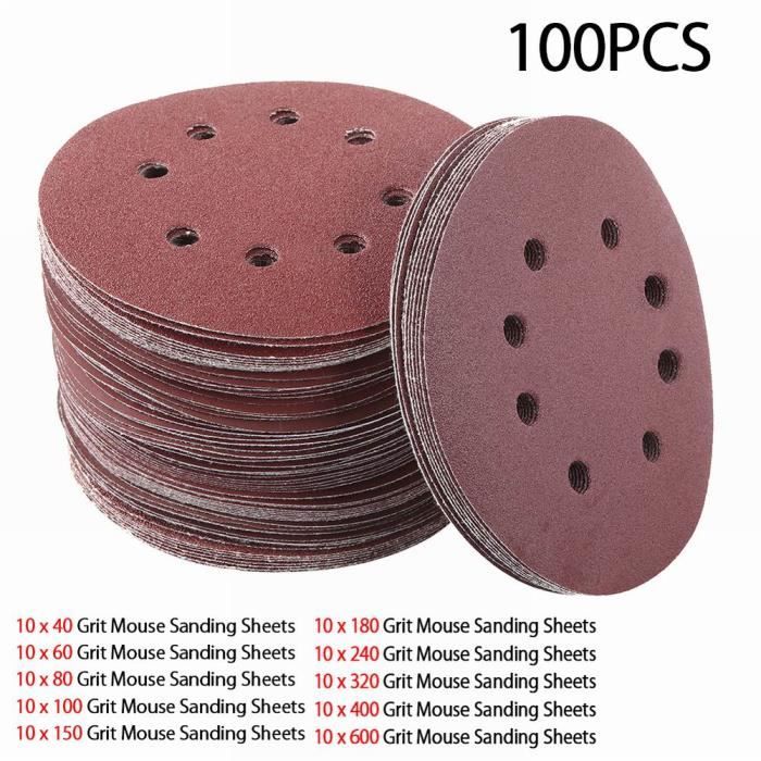 100Pcs Papier de Verre Ponçage Polissage Disque Pad 125mm 8 Trou Grit ...