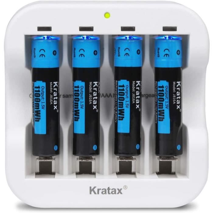 Kratax Piles Rechargeable au 1100mWh 1.5V AAA [4 Batteries et 1 Chargeur], Charge Rapide de 1200 ...