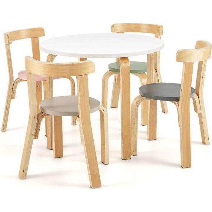 COSTWAY Table d'Enfant Ronde avec 4 Chaises - Bois de Peuplier et Bois ...