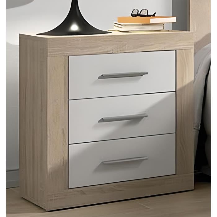 Table de nuit - PEGANE - Chêne cambrian, blanc - 3 tiroirs ...