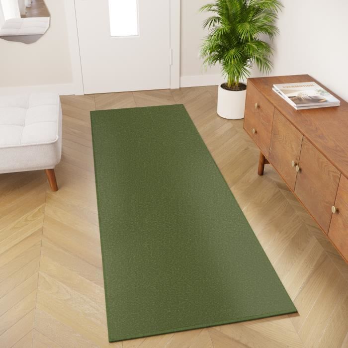 TAPISO Tapis Couloir Passage MONO Vert Olive Design Uni Résistant ...