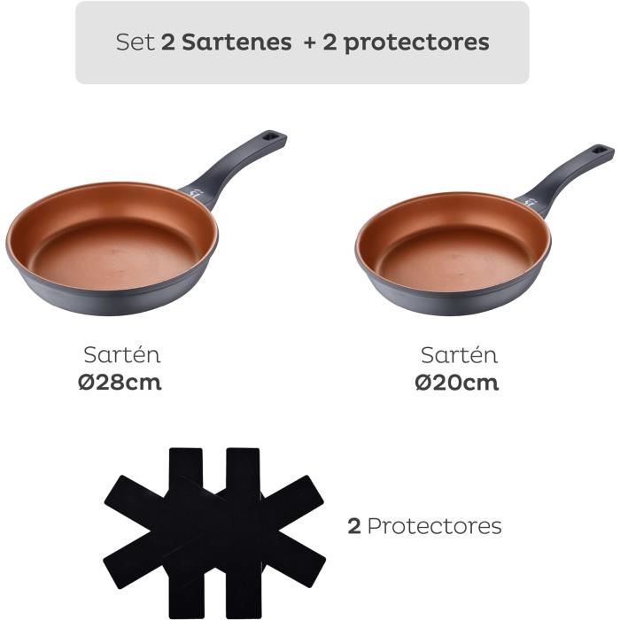 Bronze Lot de poêles Set de 2 poêles de 20 et 28 cm de diamètre et 2 protections en fonte d ...