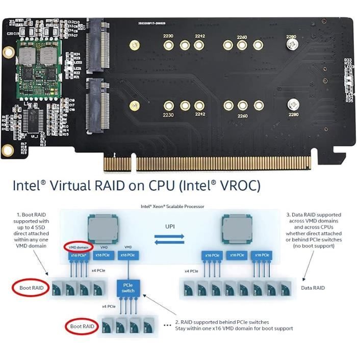 Cy M.2 Nvme Gen 3.0 Adaptateur M.2 Nvme Ahci X4 Vers Pcie Express 3.0 Gen3 X16 Raid Card Vroc ...