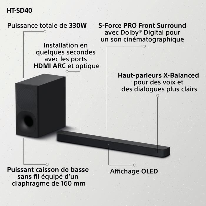 Barre de son Sony HT-SD40 2.1 avec caisson de basse 330W et haut ...