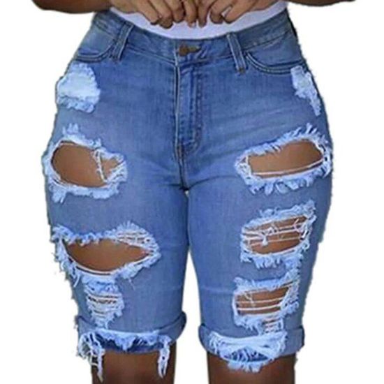 Short en jean déchiré élastique pour femme,pantalon court,trou détruit ...
