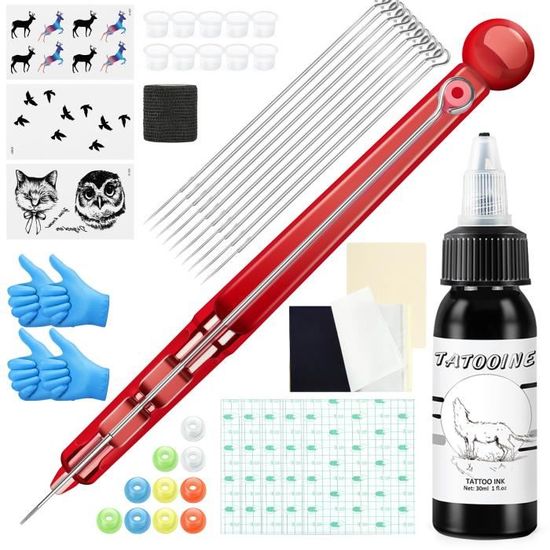 Tatooine Professionnel Hand Poke and Stick Kit Bâton en Alliage Poke Pen 30ml Encre Noir et ...