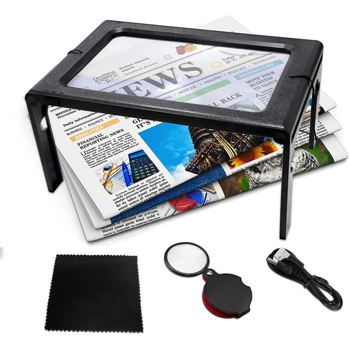 Loupe de Lecture avec Lumineuse LED - 3X Grossissement A5 Rectangulaire USB Rechargeable Mains ...