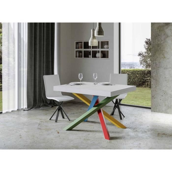 Table extensible design blanc laqué et pieds entrelacés multicouleurs L ...