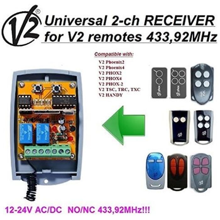 Récepteur 2 canaux - V2 - Universel - 12-24 VAC/VDC - 433,92 MHz - Compatible avec plusieurs ...