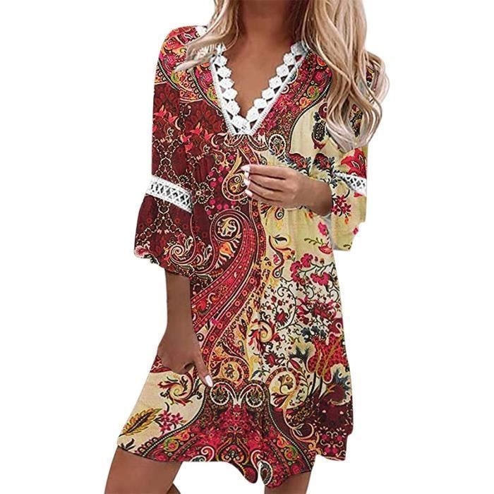 Robe Femme Villégiature Imprimée Dentelle Col V Manches Courtes Lie de ...