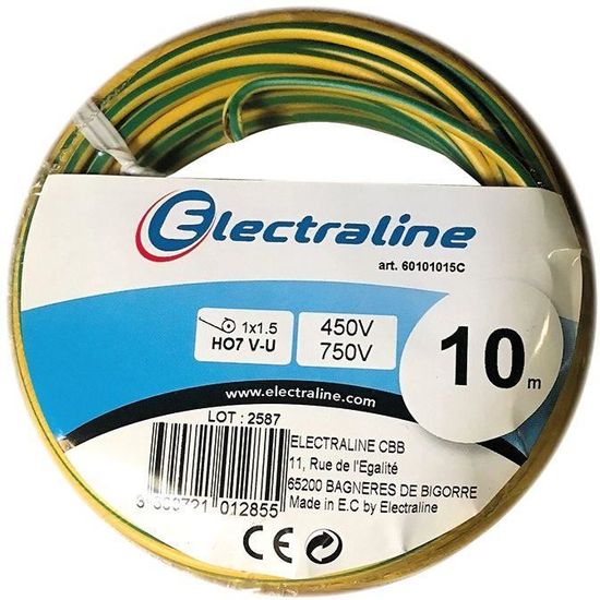 ELECTRALINE Câble rigide HO7VU - 1x2,5 mm² - Bobinot 10 m - jaune et ...
