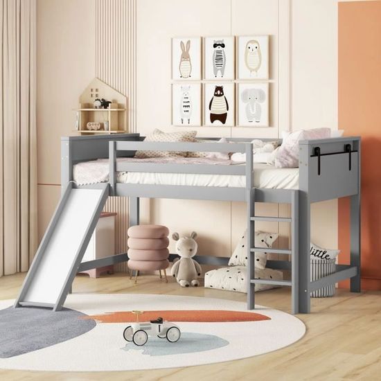 Lit mezzanine - LEWW - 90x200cm - Toboggan - Gris - Cdiscount Maison