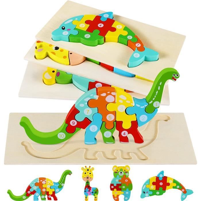 Puzzle en Bois Enfant, 4PCS Animaux Puzzle 3D, Jouet Puzzle Montessori ...