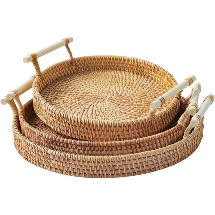 Lot De 3 Plateaux De Service Ronds En Rotin Avec Poignées - Plateaux ...